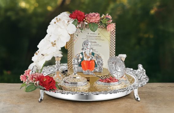 Luxury Wedding Invitation Tray with Ganesh Idol and Floral Accents