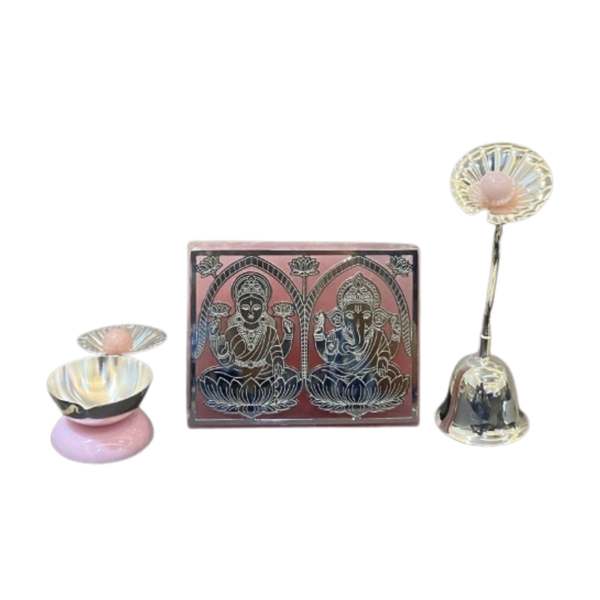 Laxmi Ganesha on Marble with Bell & Diya Pink