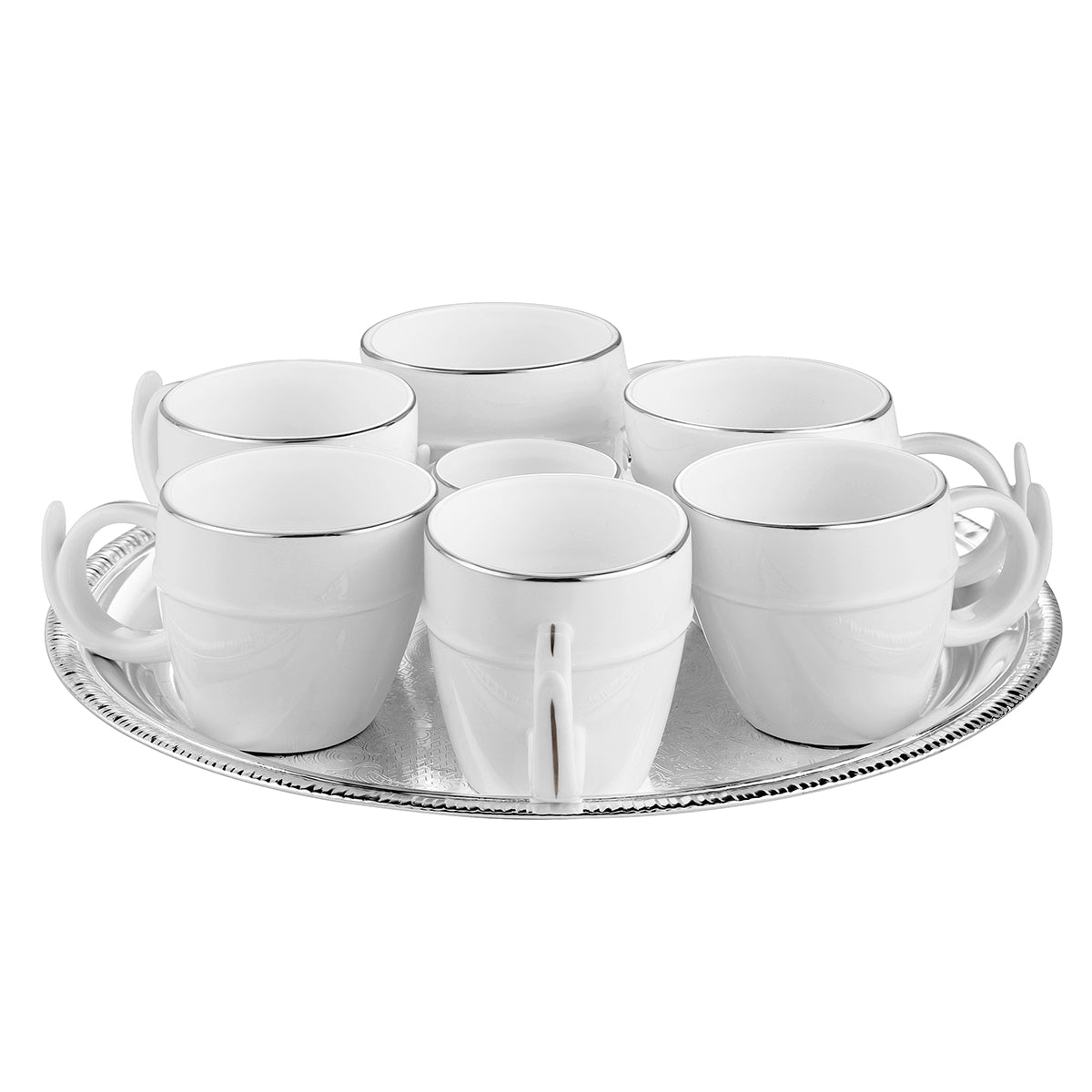 Round Tray With 6 White Cups & Creamer - Silver – Momentz